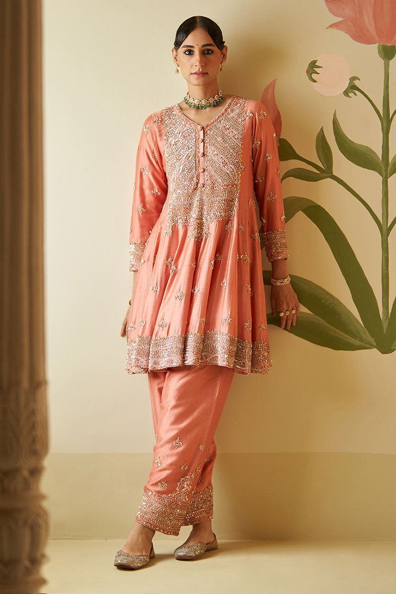 SALMON CHANDERI SILK ANARKALI SET – angadsinghofficial.com
